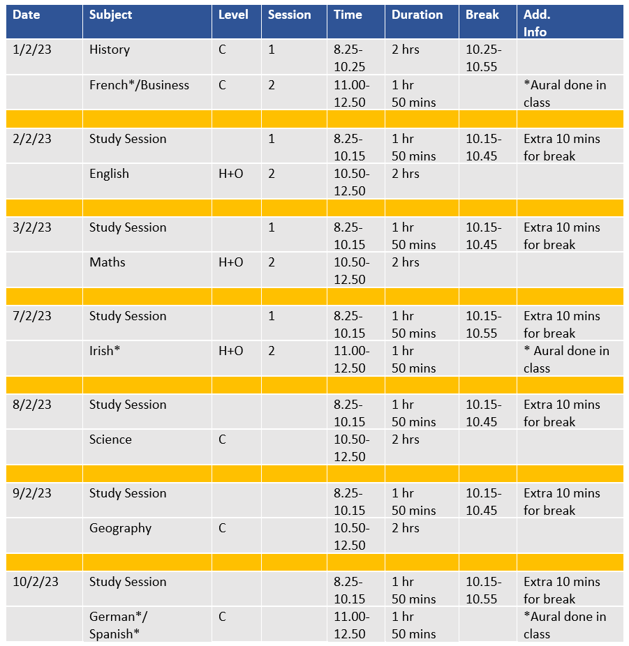 Mock Exams Timetable 2023 - St. Kilian's German School, Dublin Mock Exams Timetable 2023 - St. Kilian's German School, Dublin